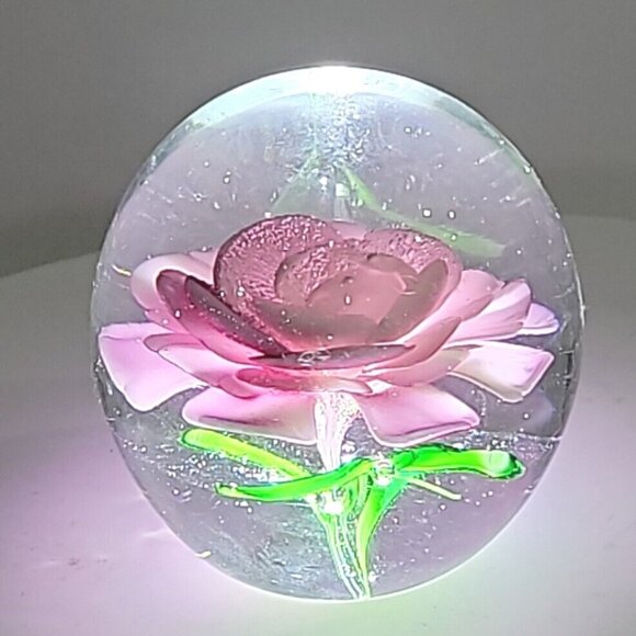 Accents | Vintage Pink Rose Glass Paperweight Focus Full Bloom Green ...